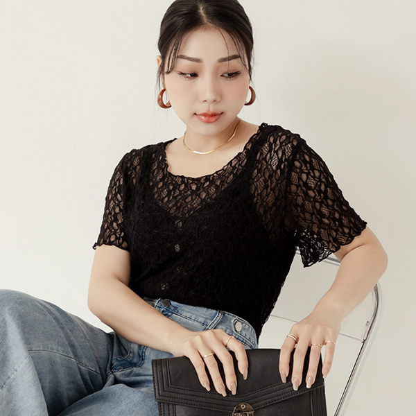 MISS.氣質百搭透肌蕾絲木耳邊短袖上衣 中大尺碼上衣 | Poly Lulu