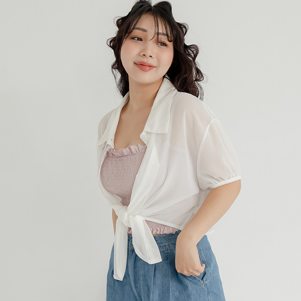 韓系夏日必備透肌澎袖下擺綁結罩衫 中大尺碼外套 | Poly Lulu